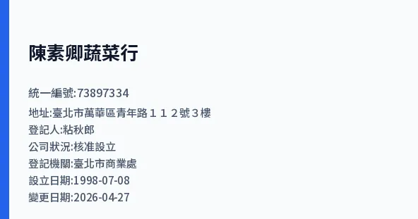 陳素卿蔬菜行的照片-統編 73897334(臺北市) 公司登記資料與營業項目詳細圖表