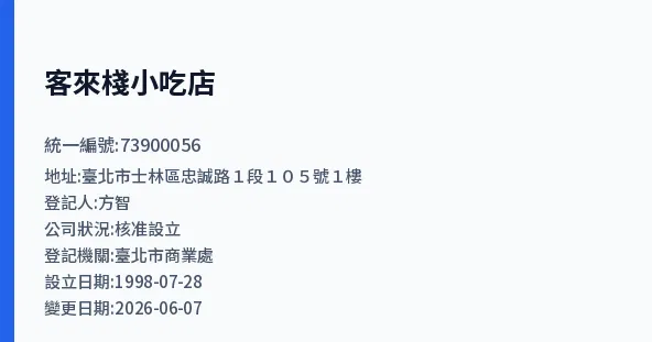客來棧小吃店的照片-統編 73900056(臺北市) 公司登記資料與營業項目詳細圖表