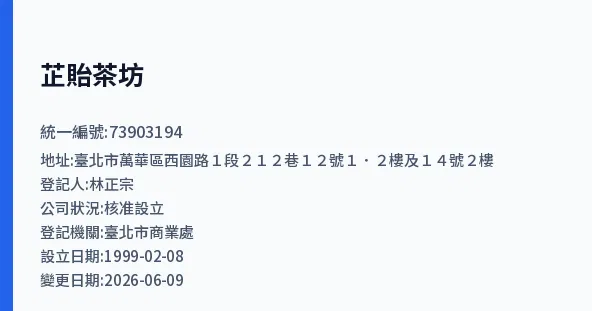 芷貽茶坊的照片-統編 73903194(臺北市) 公司登記資料與營業項目詳細圖表