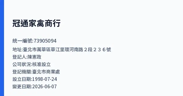 冠通家禽商行的照片-統編 73905094(臺北市) 公司登記資料與營業項目詳細圖表