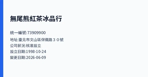 無尾熊紅茶冰品行的照片-統編 73909900(臺北市) 公司登記資料與營業項目詳細圖表