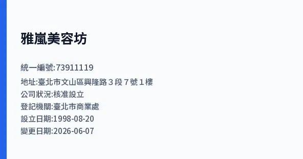 雅嵐美容坊的照片-統編 73911119(臺北市) 公司登記資料與營業項目詳細圖表