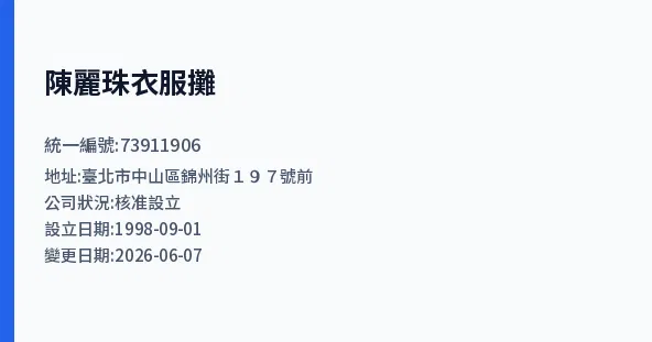 陳麗珠衣服攤的照片-統編 73911906(臺北市) 公司登記資料與營業項目詳細圖表