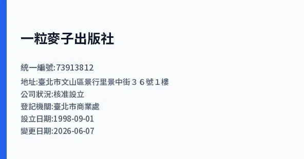 一粒麥子出版社的照片-統編 73913812(臺北市) 公司登記資料與營業項目詳細圖表