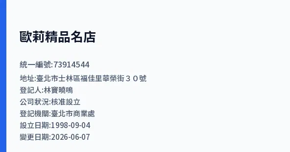 歐莉精品名店的照片-統編 73914544(臺北市) 公司登記資料與營業項目詳細圖表