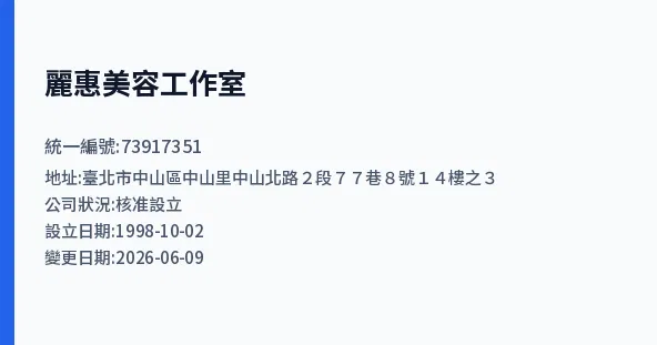 麗惠美容工作室的照片-統編 73917351(臺北市) 公司登記資料與營業項目詳細圖表