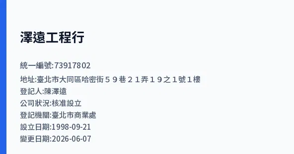 澤遠工程行的照片-統編 73917802(臺北市) 公司登記資料與營業項目詳細圖表