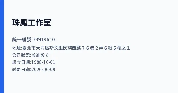 珠鳳工作室的照片-統編 73919610(臺北市) 公司登記資料與營業項目詳細圖表