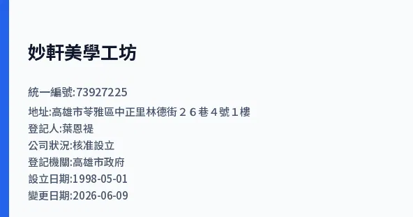 妙軒美學工坊的照片-統編 73927225(高雄市) 公司登記資料與營業項目詳細圖表