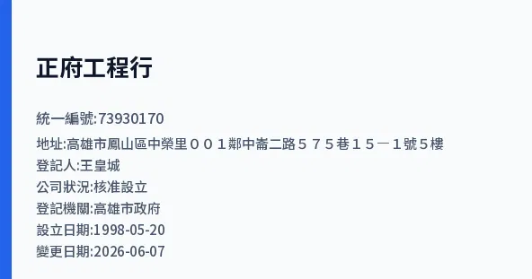 正府工程行的照片-統編 73930170(高雄市) 公司登記資料與營業項目詳細圖表