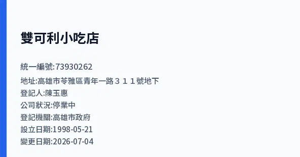 雙可利小吃店的照片-統編 73930262(高雄市) 公司登記資料與營業項目詳細圖表
