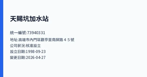 天賜坑加水站的照片-統編 73940331(高雄市) 公司登記資料與營業項目詳細圖表