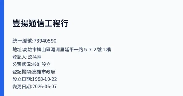 豐揚通信工程行的照片-統編 73940590(高雄市) 公司登記資料與營業項目詳細圖表