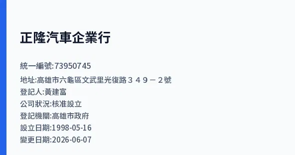 正隆汽車企業行的照片-統編 73950745(高雄市) 公司登記資料與營業項目詳細圖表
