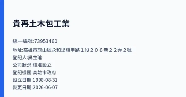 貴再土木包工業的照片-統編 73953460(高雄市) 公司登記資料與營業項目詳細圖表
