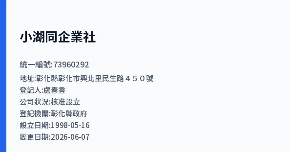小湖同企業社的照片-統編 73960292(彰化縣) 公司登記資料與營業項目詳細圖表