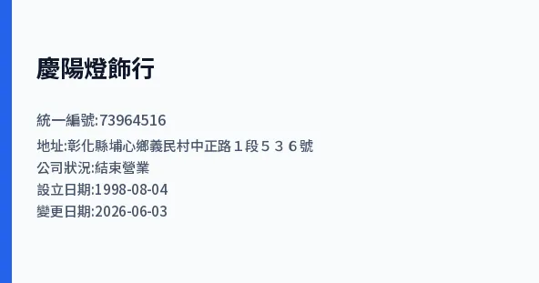 慶陽燈飾行的照片-統編 73964516(彰化縣) 公司登記資料與營業項目詳細圖表