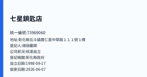 七星鎖匙店的照片-統編 73969060(彰化縣) 公司登記資料與營業項目詳細圖表