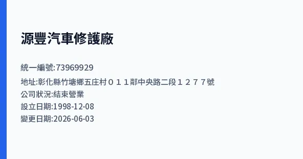 源豐汽車修護廠的照片-統編 73969929(彰化縣) 公司登記資料與營業項目詳細圖表