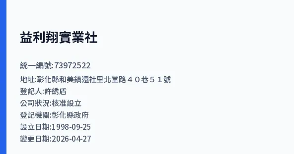 益利翔實業社的照片-統編 73972522(彰化縣) 公司登記資料與營業項目詳細圖表