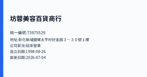 坊蓉美容百貨商行的照片-統編 73975529(彰化縣) 公司登記資料與營業項目詳細圖表