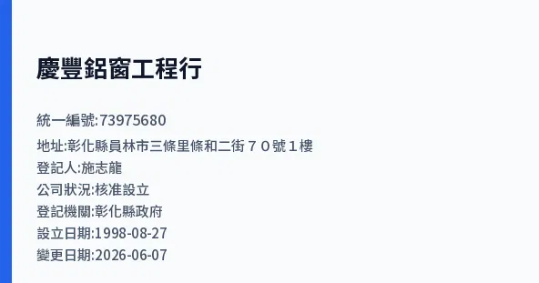 慶豐鋁窗工程行的照片-統編 73975680(彰化縣) 公司登記資料與營業項目詳細圖表