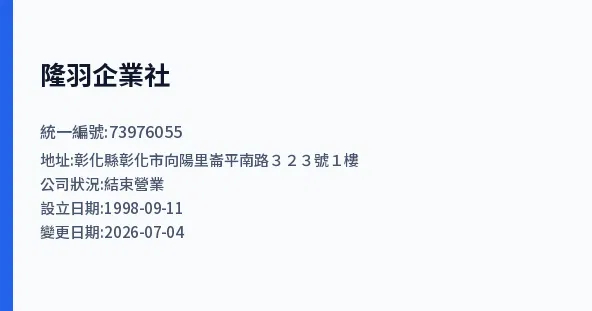 隆羽企業社的照片-統編 73976055(彰化縣) 公司登記資料與營業項目詳細圖表