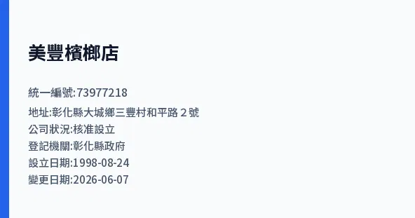 美豐檳榔店的照片-統編 73977218(彰化縣) 公司登記資料與營業項目詳細圖表