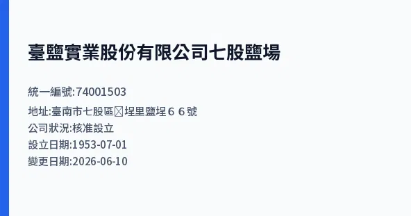 臺鹽實業股份有限公司七股鹽場的照片-統編 74001503(臺南市) 公司登記資料與營業項目詳細圖表