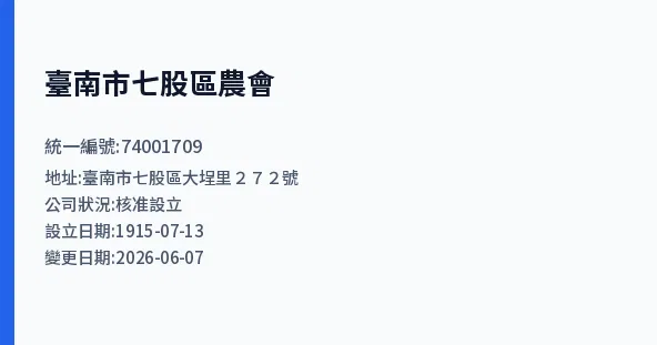 臺南市七股區農會的照片-統編 74001709(臺南市) 公司登記資料與營業項目詳細圖表