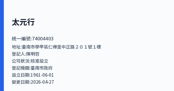 太元行的照片-統編 74004403(臺南市) 公司登記資料與營業項目詳細圖表