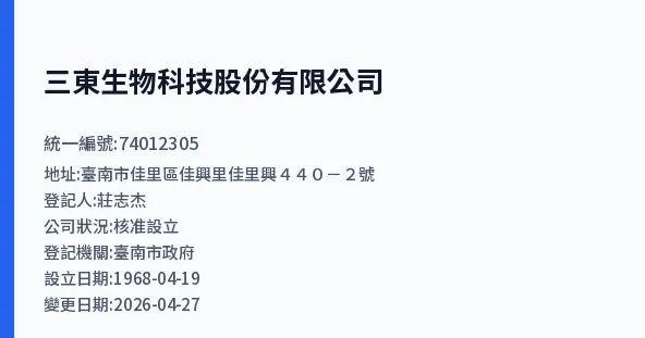 三東生物科技股份有限公司的照片-統編 74012305(臺南市) 公司登記資料與營業項目詳細圖表
