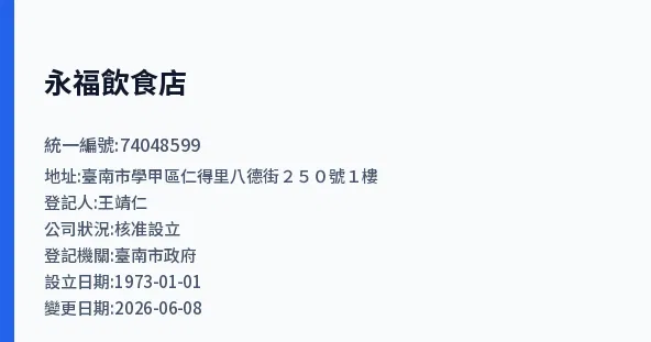永福飲食店的照片-統編 74048599(臺南市) 公司登記資料與營業項目詳細圖表