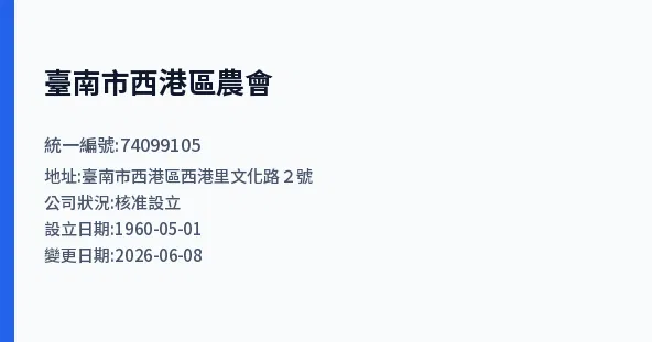 臺南市西港區農會的照片-統編 74099105(臺南市) 公司登記資料與營業項目詳細圖表