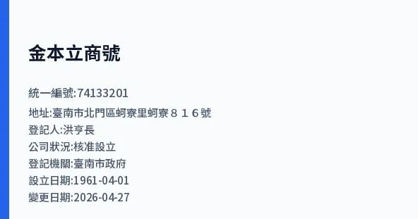 金本立商號的照片-統編 74133201(臺南市) 公司登記資料與營業項目詳細圖表