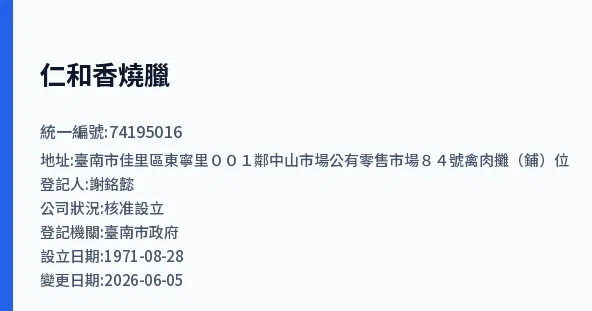 仁和香燒臘的照片-統編 74195016(臺南市) 公司登記資料與營業項目詳細圖表