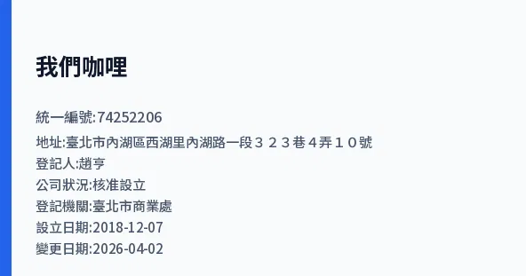 我們咖哩的照片-統編 74252206(臺北市) 公司登記資料與營業項目詳細圖表
