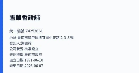 雪華香餅舖的照片-統編 74252661(臺南市) 公司登記資料與營業項目詳細圖表