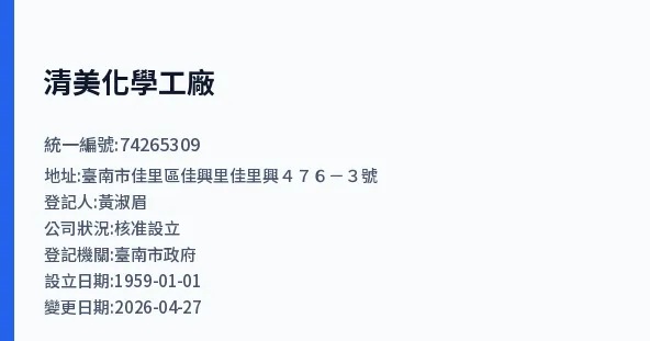 清美化學工廠的照片-統編 74265309(臺南市) 公司登記資料與營業項目詳細圖表