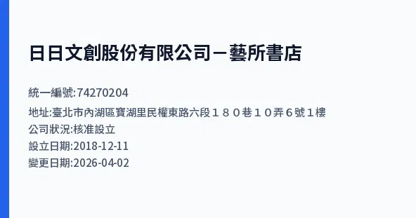 日日文創股份有限公司-藝所書店的照片-統編 74270204(臺北市) 公司登記資料與營業項目詳細圖表