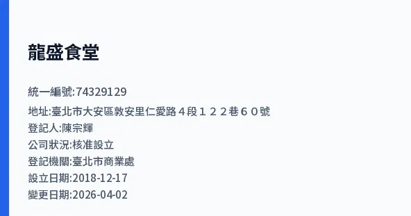 龍盛食堂的照片-統編 74329129(臺北市) 公司登記資料與營業項目詳細圖表
