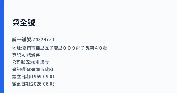 榮全號的照片-統編 74329731(臺南市) 公司登記資料與營業項目詳細圖表