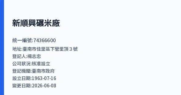 新順興碾米廠的照片-統編 74366600(臺南市) 公司登記資料與營業項目詳細圖表