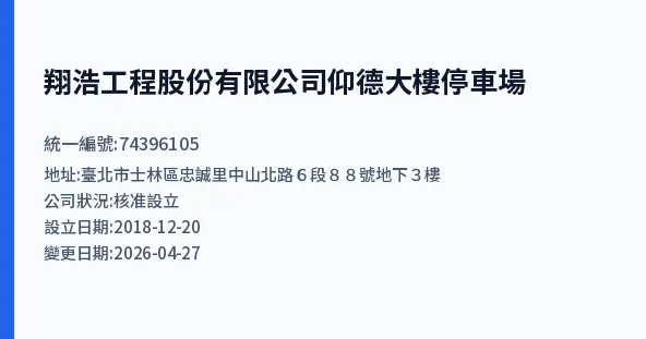 翔浩工程股份有限公司仰德大樓停車場的照片-統編 74396105(臺北市) 公司登記資料與營業項目詳細圖表