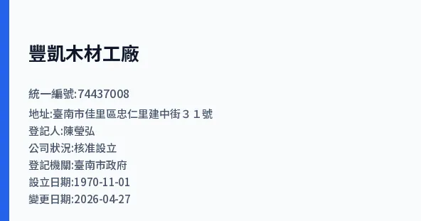 豐凱木材工廠的照片-統編 74437008(臺南市) 公司登記資料與營業項目詳細圖表