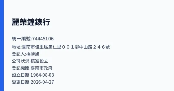 麗榮鐘錶行的照片-統編 74445106(臺南市) 公司登記資料與營業項目詳細圖表