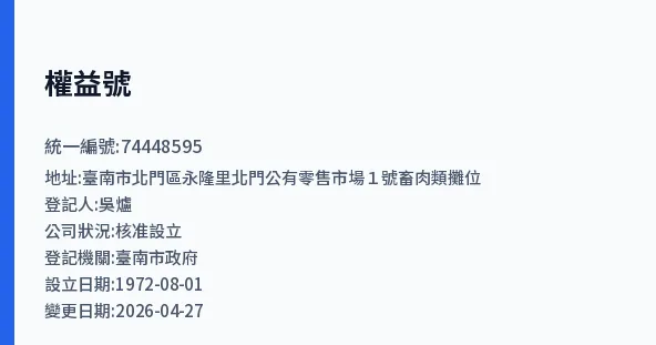 權益號的照片-統編 74448595(臺南市) 公司登記資料與營業項目詳細圖表