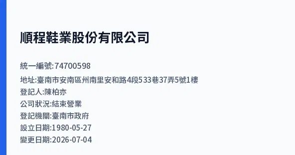 順程鞋業股份有限公司的照片-統編 74700598(臺南市) 公司登記資料與營業項目詳細圖表