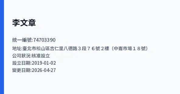 李文章的照片-統編 74703390(臺北市) 公司登記資料與營業項目詳細圖表