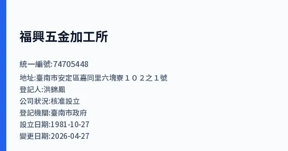 福興五金加工所的照片-統編 74705448(臺南市) 公司登記資料與營業項目詳細圖表